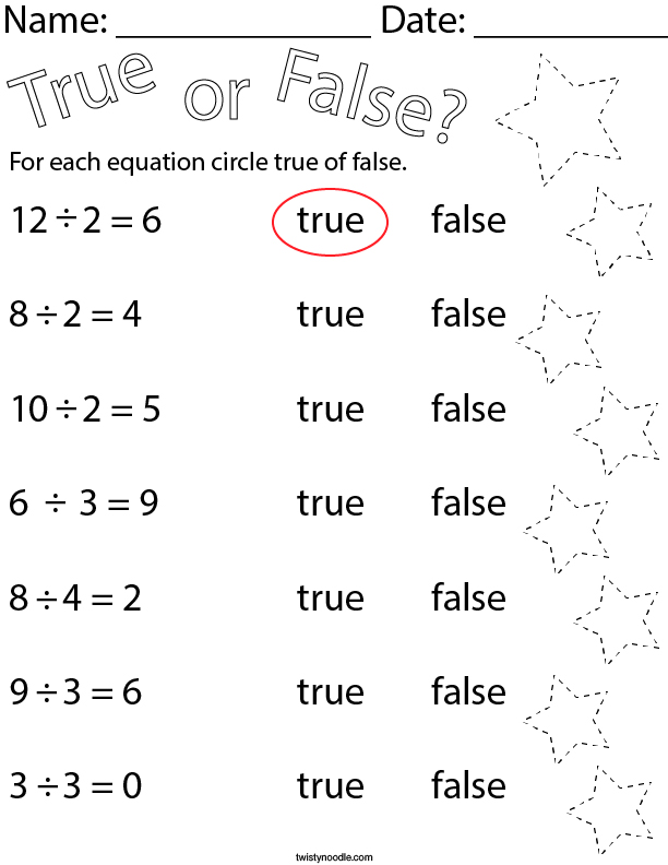 True Or False Division Equations Math Worksheet Twisty Noodle True Or False Division Equations Math Worksheet Twisty Noodle